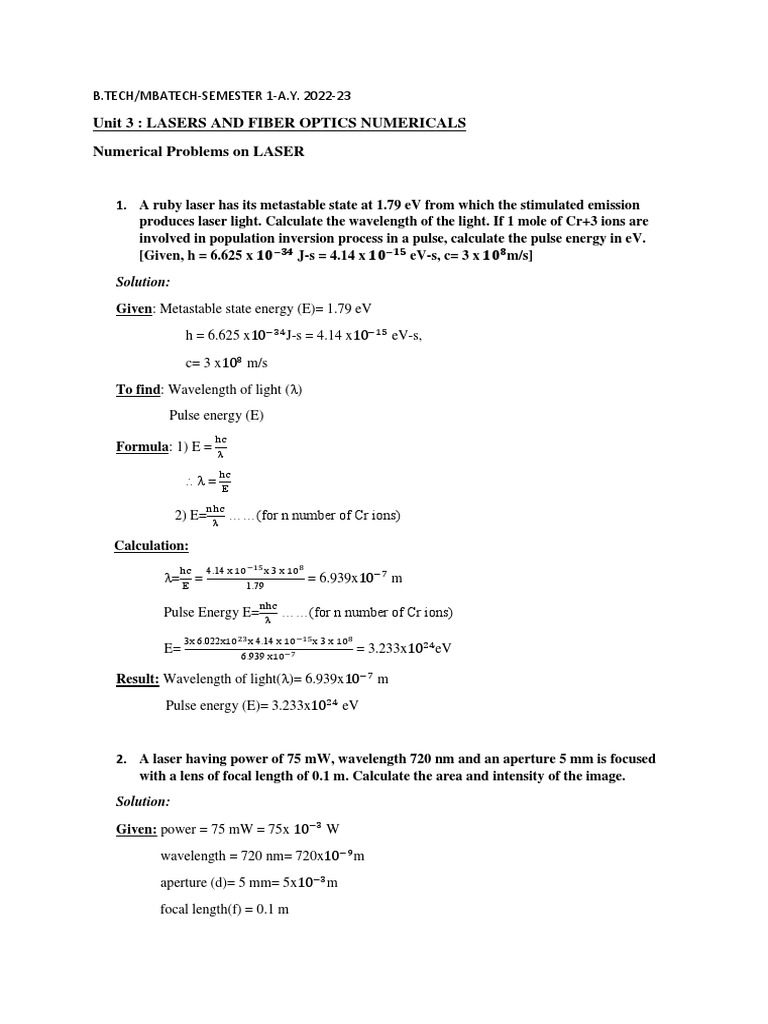 Unit 3: Lasers and Fiber Optics Numericals Numerical Problems On LASER | PDF | Optical Fiber ...