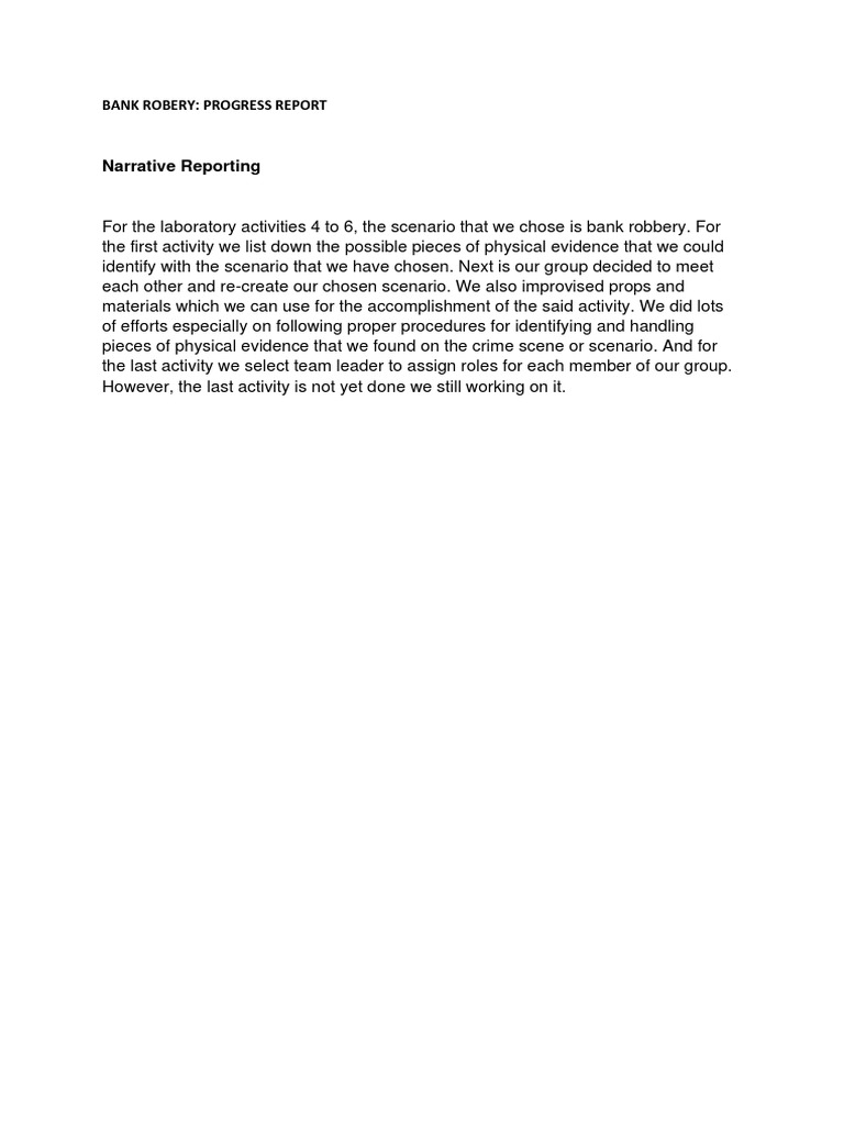 Bank Robery - Progress Report | PDF | Crime Scene | Bank Robbery