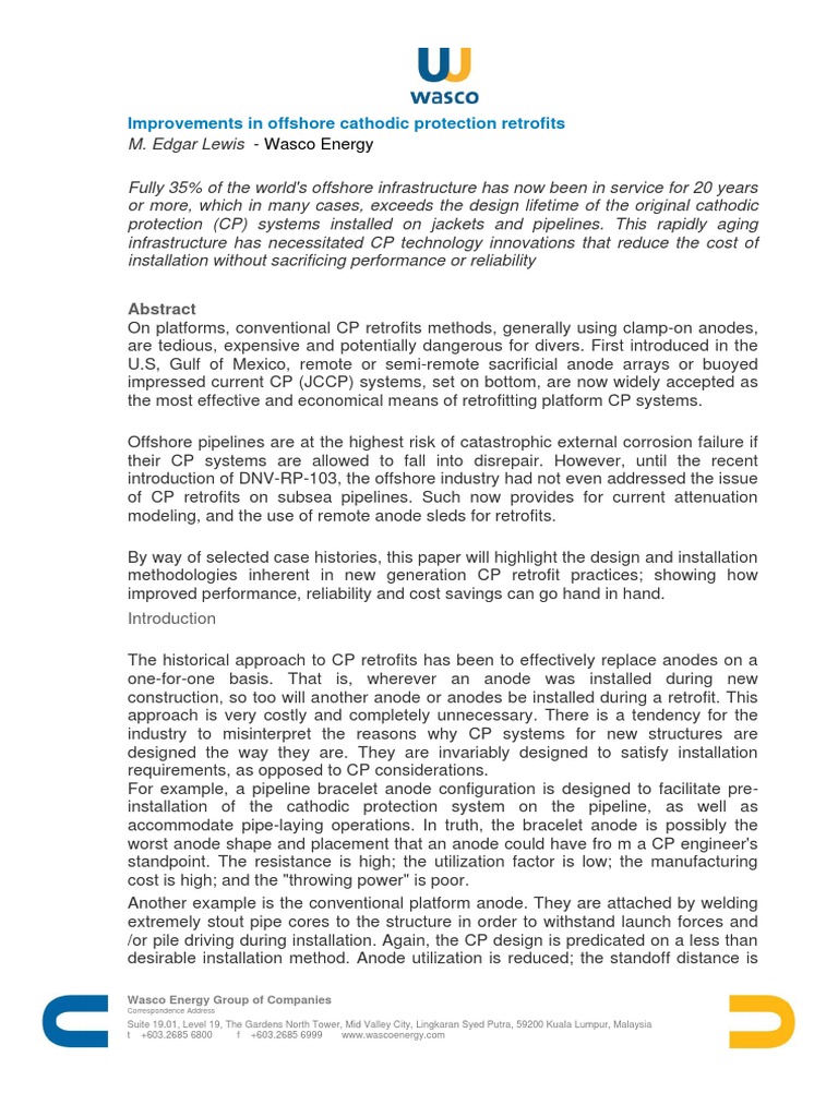 Improvements in Offshore Cathodic Protection Retrofits: - Wasco Energy ...
