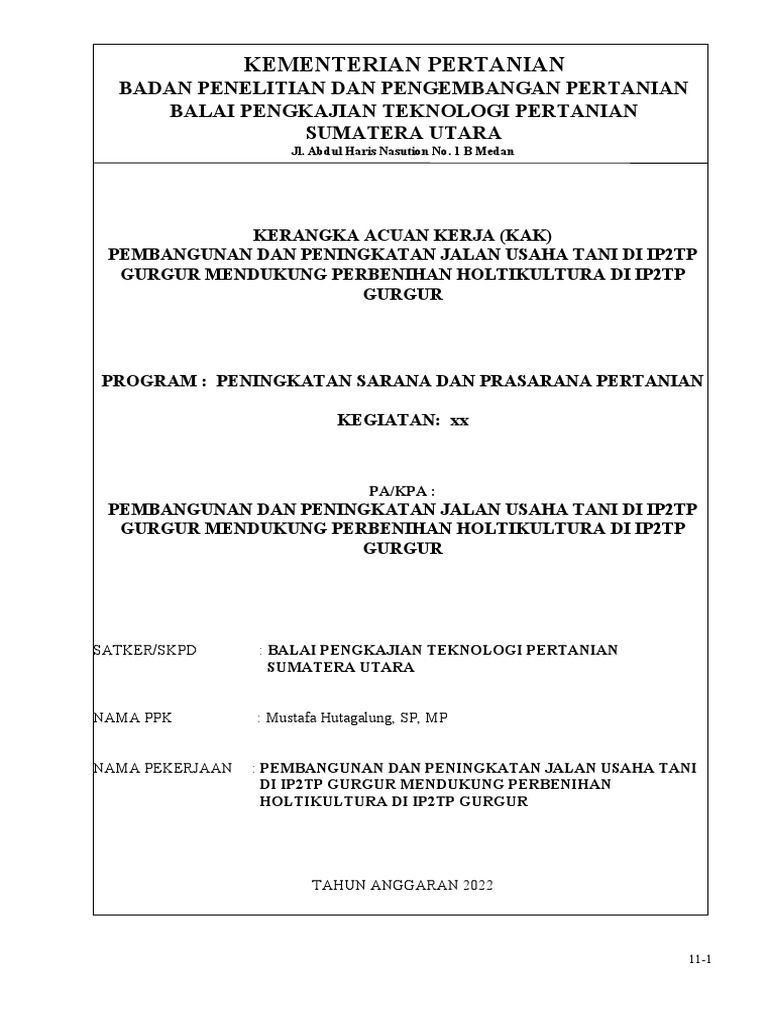 KAK - Pembangunan Dan Peningkatan Jalan Usaha Tani IP2TP Gurgur | PDF