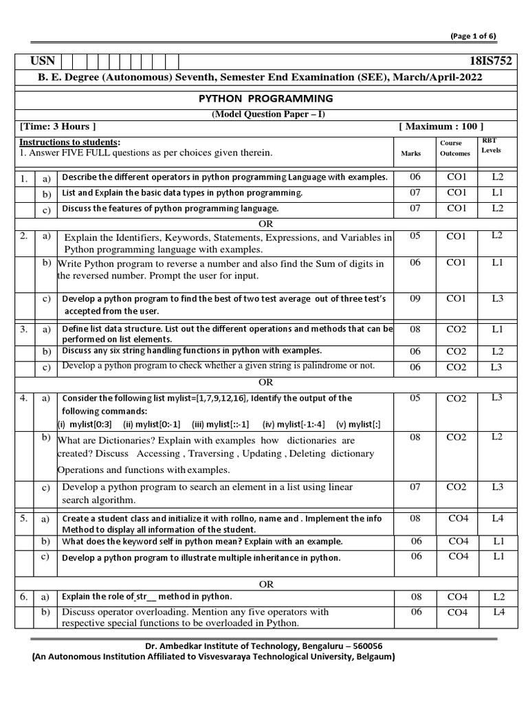 18IS752-Python Programming Model Question Papers SEE March-April-2022 ...
