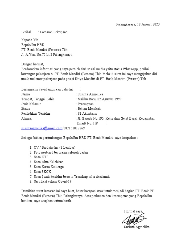 1surat Lamaran Bank Mandiri | PDF