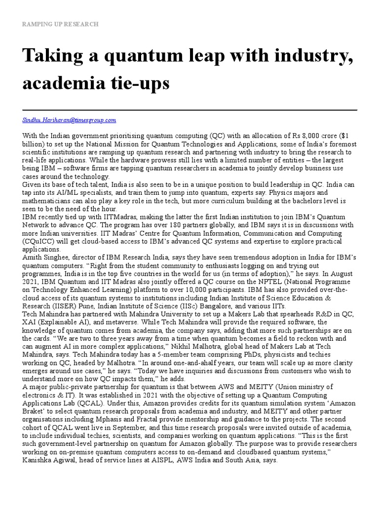 Taking A Quantum Leap With Industry Academia Tie-up-ToI-2112022 | PDF | Computing | Ibm