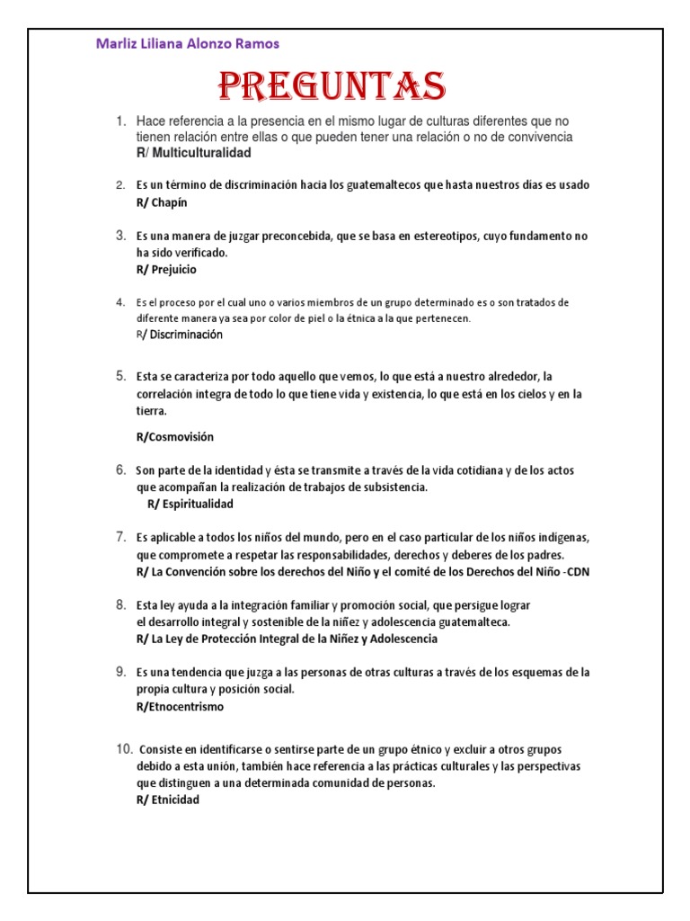 PREGUNTAS INTERCULTURALIDAD Alonzo Marliz | PDF | Ciencias sociales ...