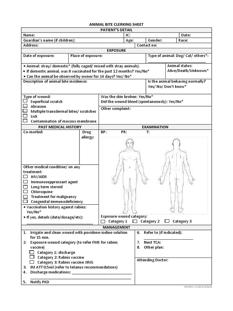 Animal Bite Clerking Sheet | PDF | Vaccines | Rabies