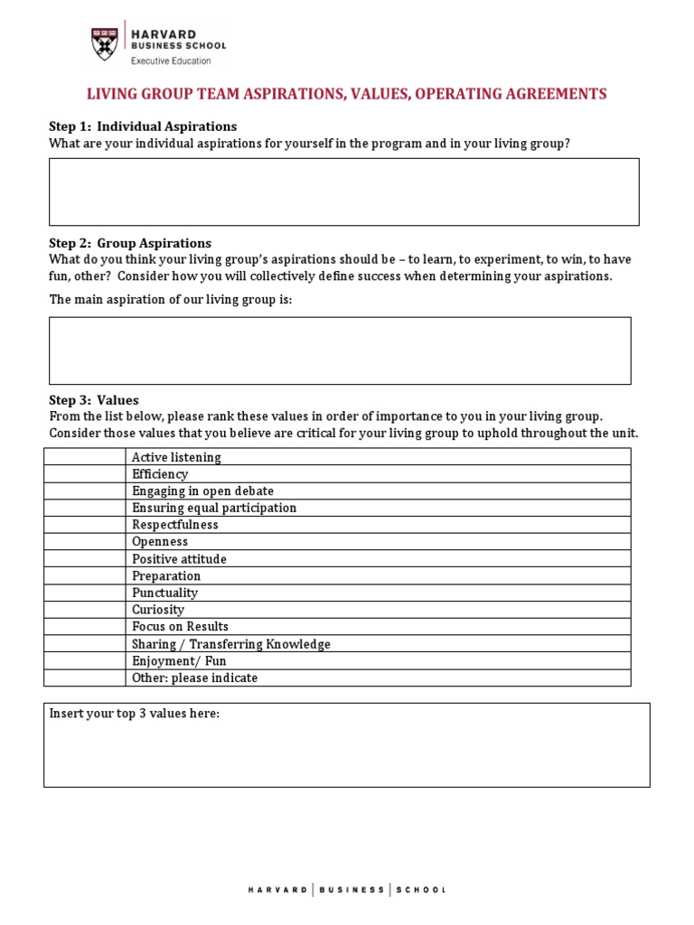 Living Group Team Aspirations, Values, Operating Agreements Worksheet ...
