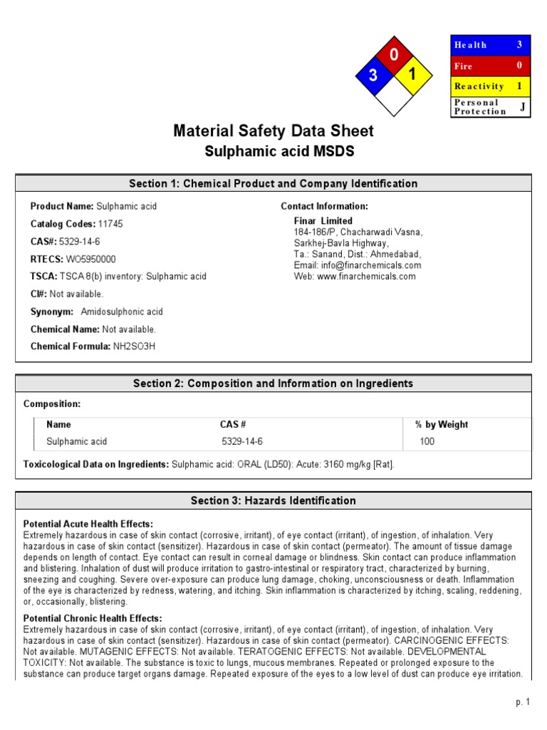 1 Material Safety Data Sheet: Sulphamic Acid MSDS | PDF | Toxicity | Personal Protective Equipment