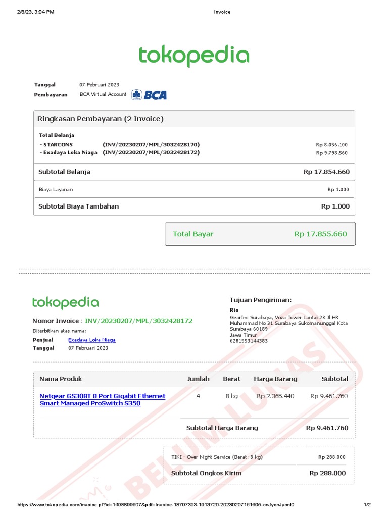 Proforma Invoice Tokped Pembelian Net Gear (Exadaya) | PDF