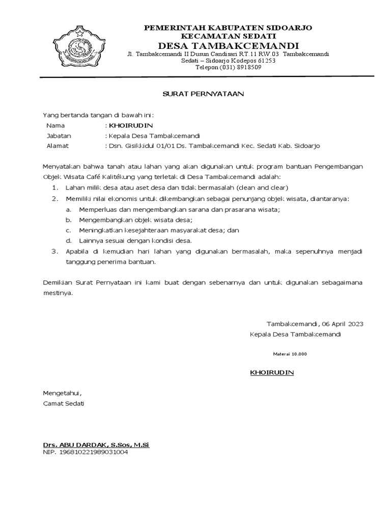 LAMPIRAN 4 SURAT PERNYATAAN KEPALA DESA | PDF