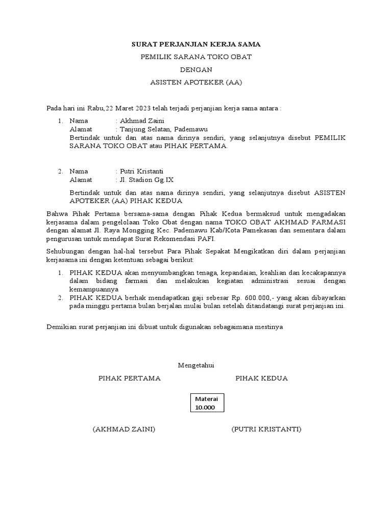 Surat Perjanjian Kerja Sama Pdf