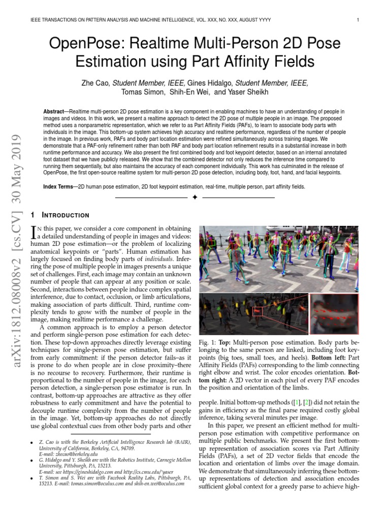 Openpose Realtime Multi Person 2d Pose Estimation Using Part Affinity Fields Pdf Applied 