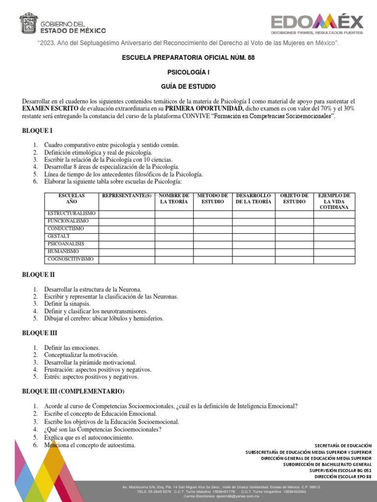 Guía de Estudio Psicología I EPO 88 | PDF | Sicología | Las emociones