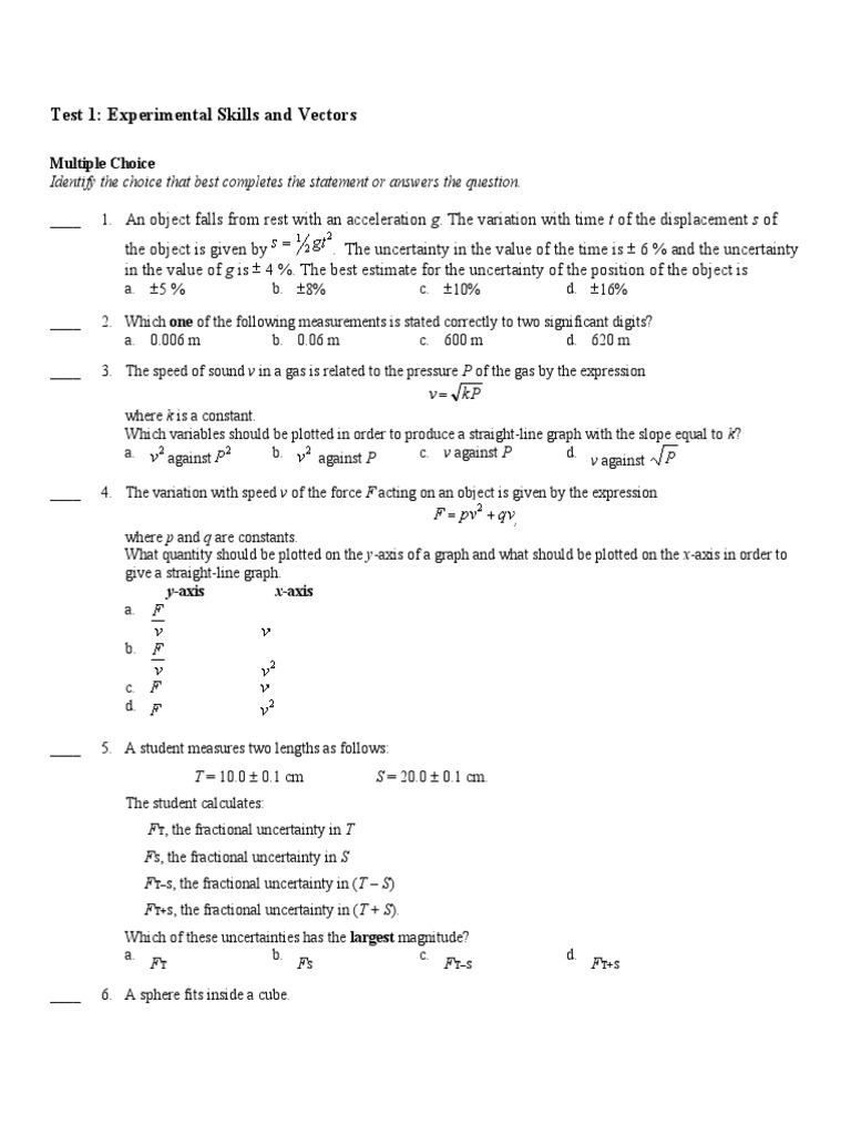 Experimental Skills and Vectors Test | PDF | Significant Figures ...