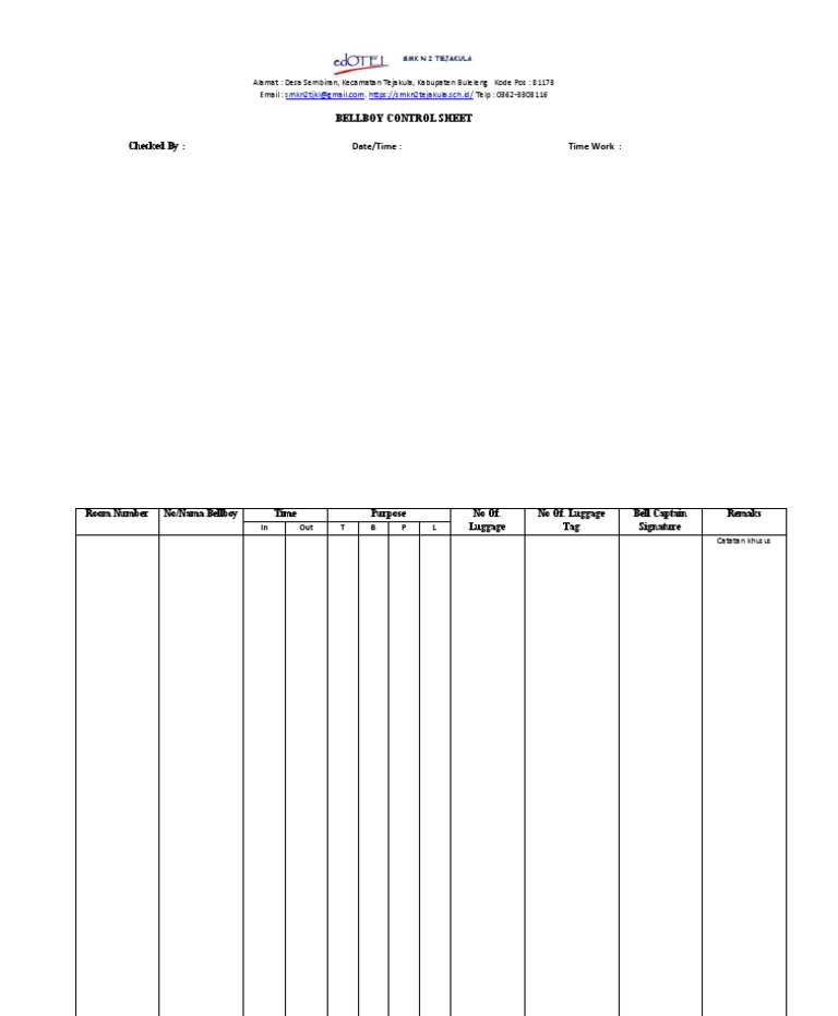 Bellboy Control Sheet | PDF
