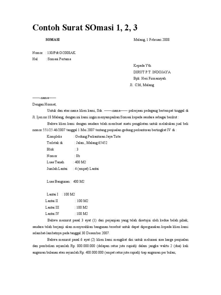 Contoh Surat Somasi 1, 2, 3 | PDF