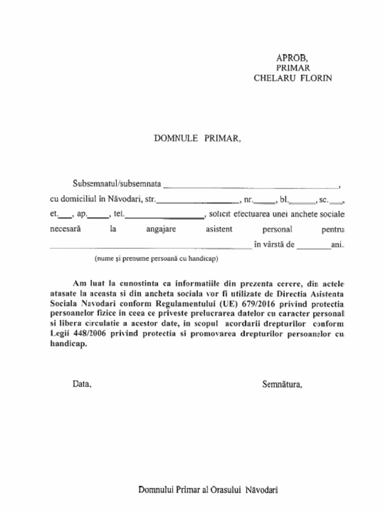 Cerere Ancheta Sociala PT Angajare Asistent Personal | PDF