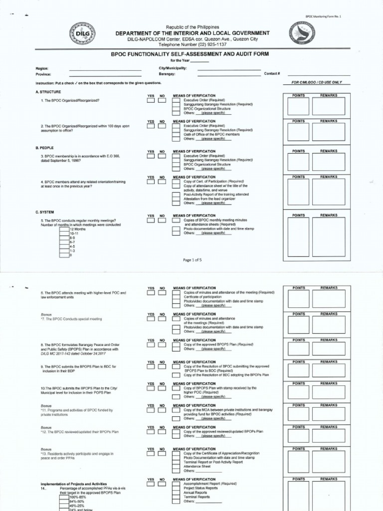 Barangay Peace and Order Council (BPOC) Functionality Checklist | PDF