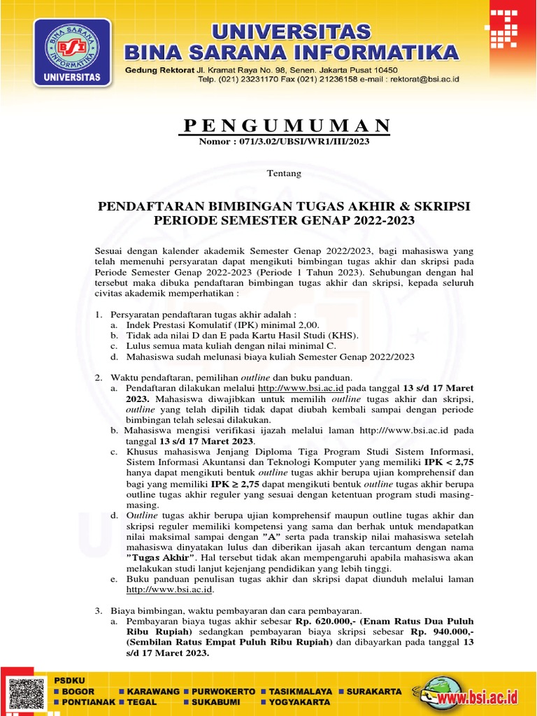 Edaran Pendaftaran TA Dan Skripsi Periode Semester Genap 2022-2023 | PDF