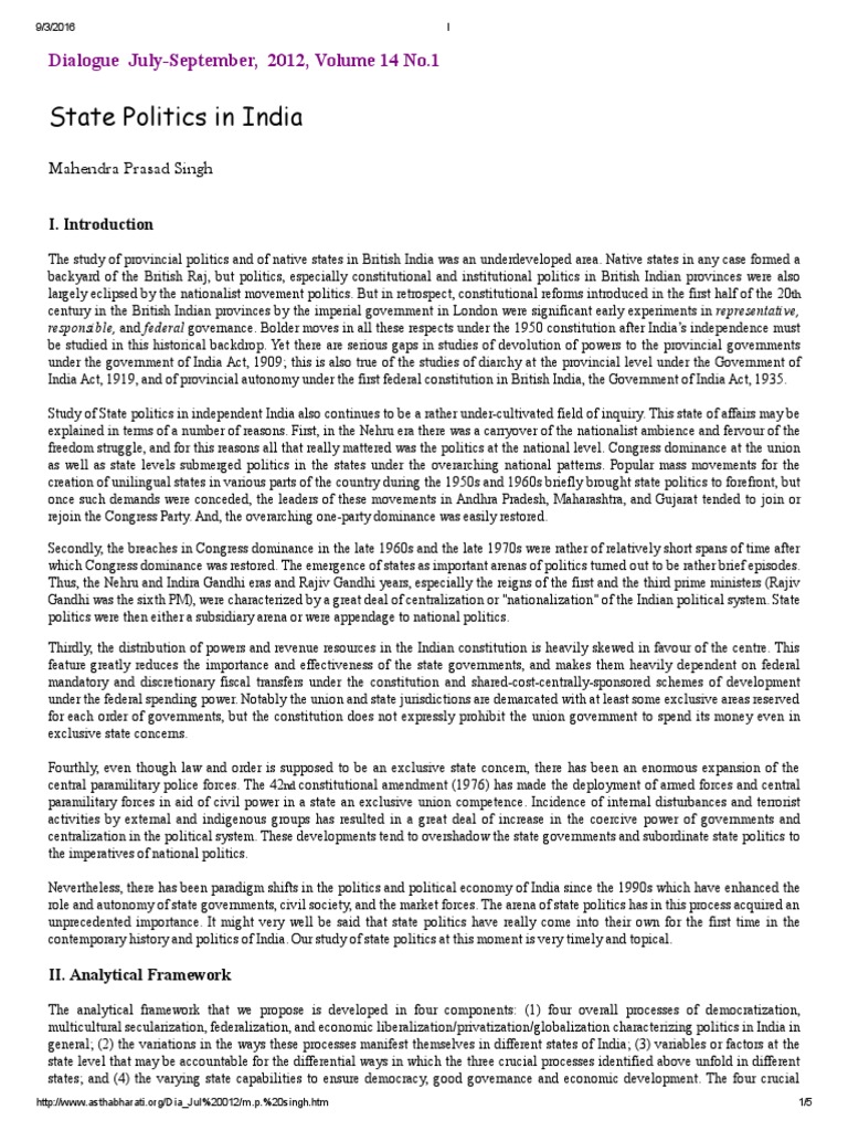 State Politics in India: A Framework | PDF