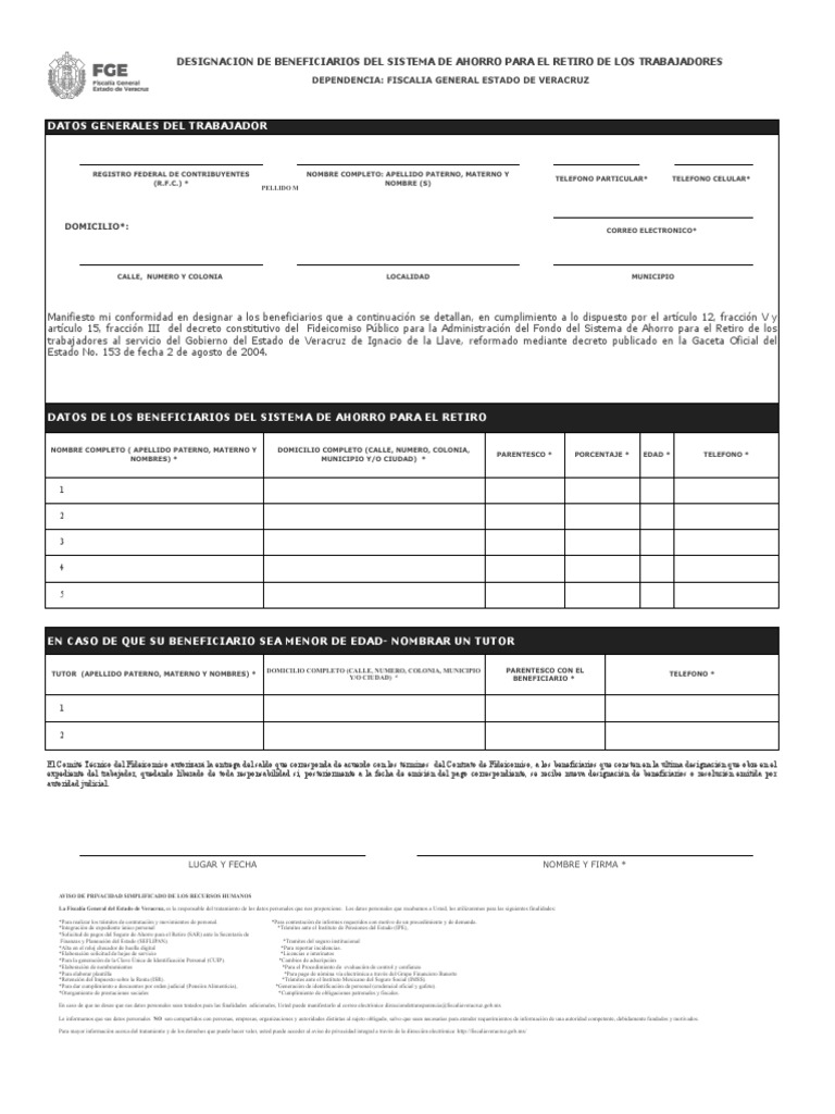 Datos Generales Del Trabajador: Designacion de Beneficiarios Del Sistema de Ahorro para El ...