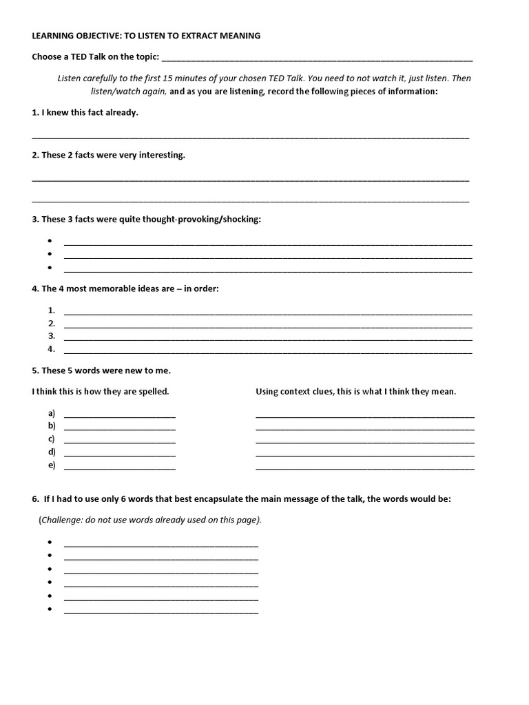 TED Talk Listening Exercise Worksheet | PDF | Cognition | Cognitive Science