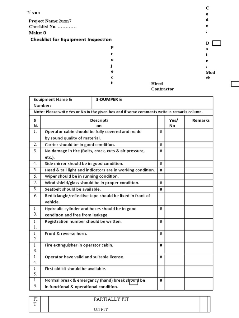 Checklist For Equipment Inspection DUMPER | PDF | Equipment | Vehicles