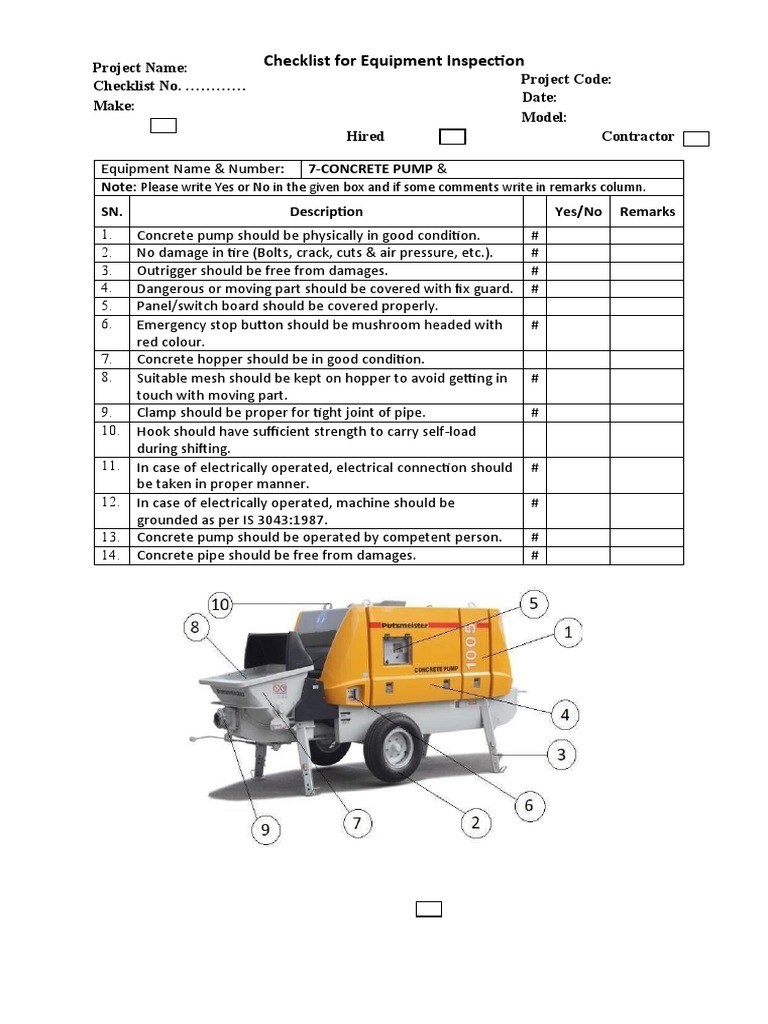 Checklist For Equipment Inspection CONCRETE PUMP | PDF