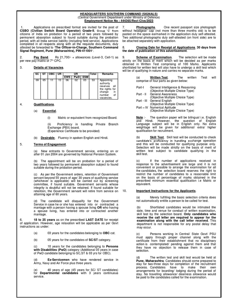 Notification and Application Form HaryanaJobs - in Army HQ Southern ...
