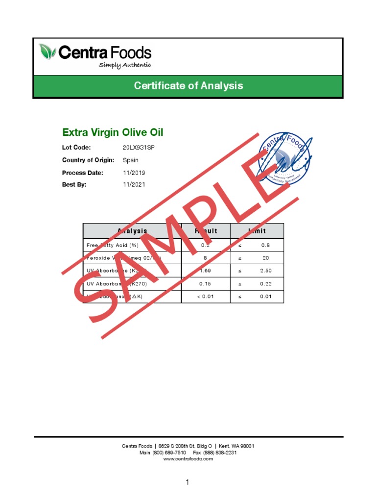 Centra Foods Sample COA Extra Virgin Olive Oil | PDF