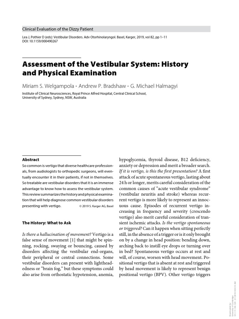 Assessment of The Vestibular System: History and Physical Examination ...
