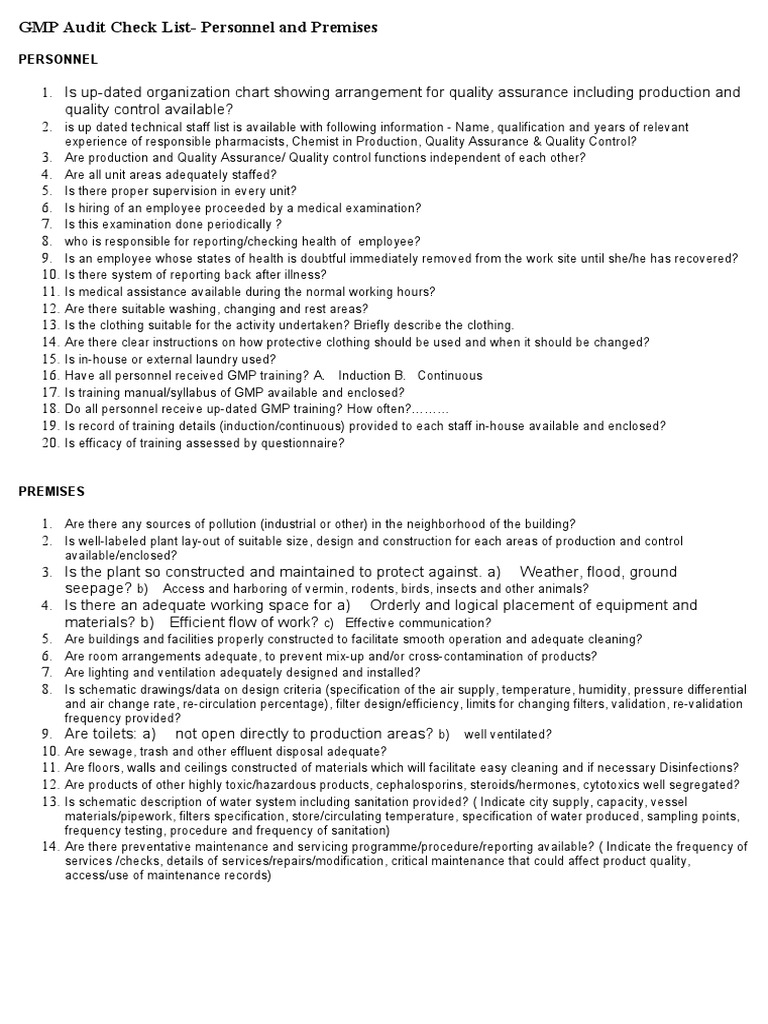 GMP Personnel Premises Audit | PDF | Sanitation | Water