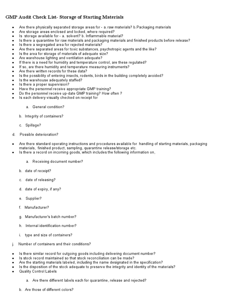 GMP Audit Checklist for Storing Starting Materials | PDF | Packaging ...
