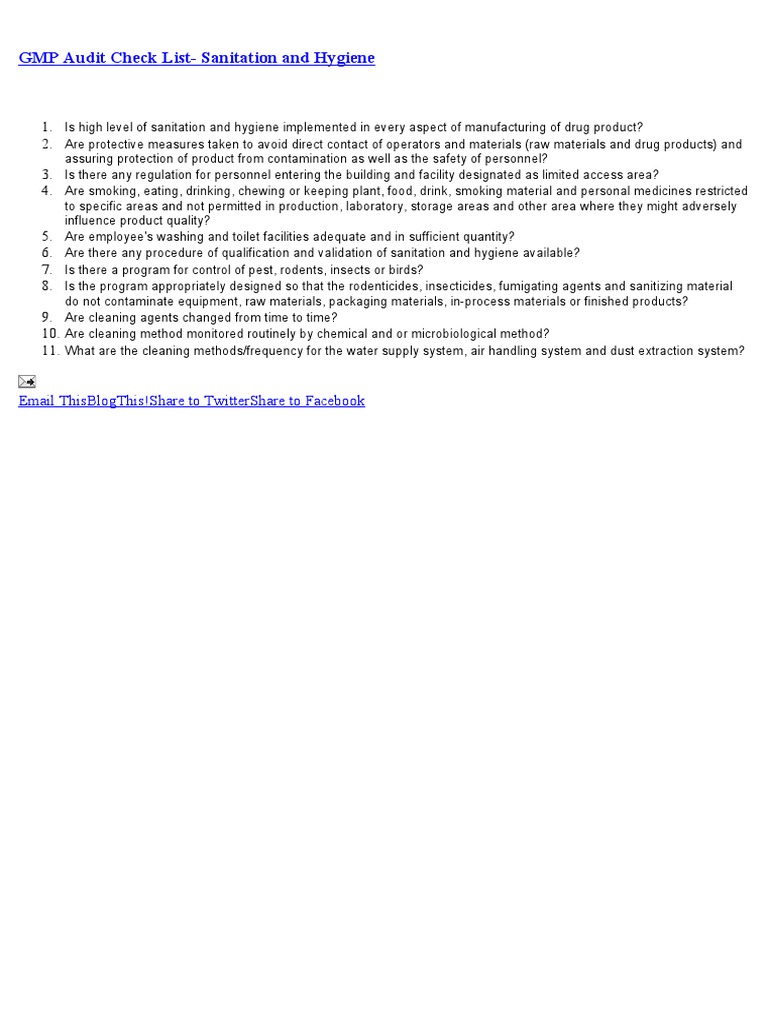GMP Audit Checklist for Sanitation | PDF