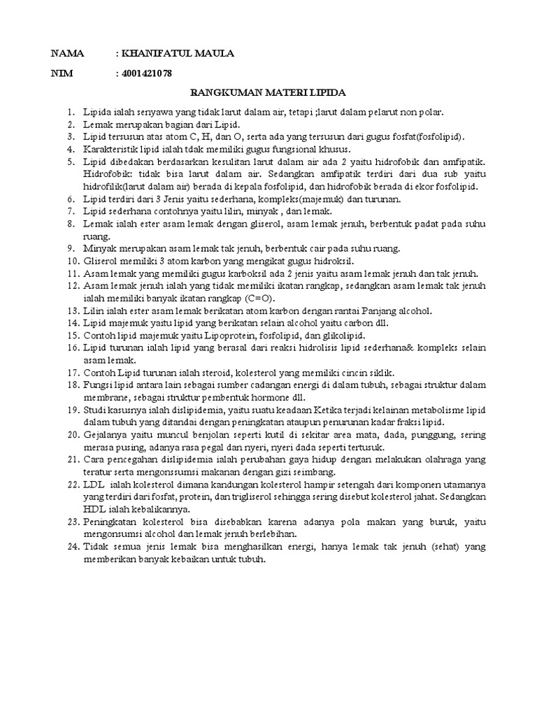 KHANIFATUL MAULA 4001421078 TUGAS INDIVIDU II Rangkuman Materi LIPID | PDF