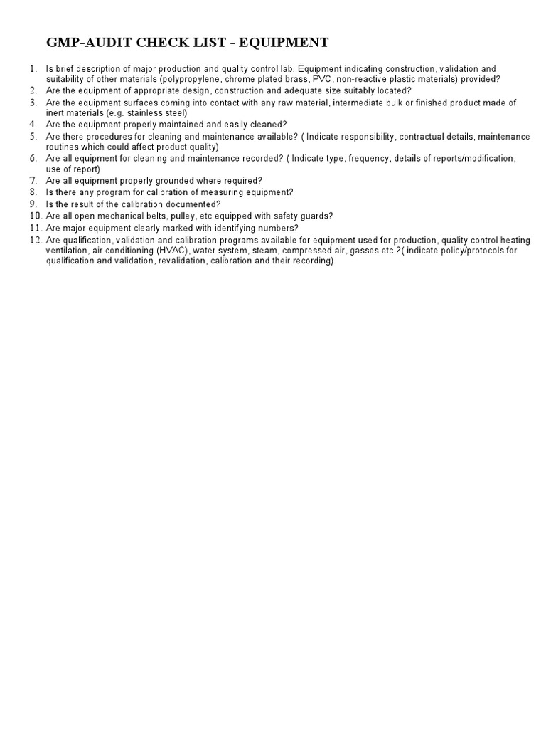Gmp-Audit Check List Equipment | PDF