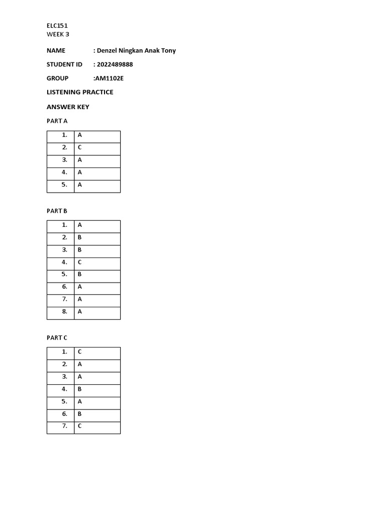 ELC151 Week 3 Listening Practice Answers | PDF | Science & Mathematics