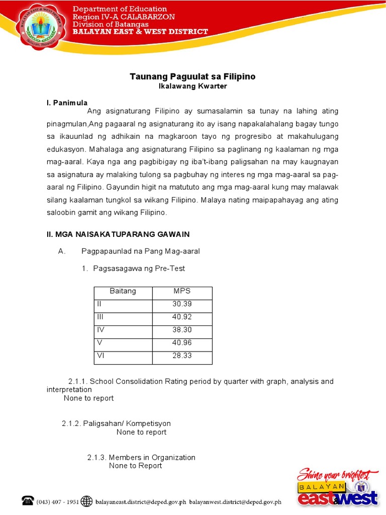 Taunang Paguulat Sa Filipino: Ikalawang Kwarter I. Panimula | PDF
