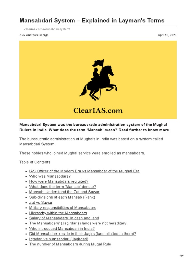 Mansabdari System Explained in Laymans Terms | PDF | Mughal Empire
