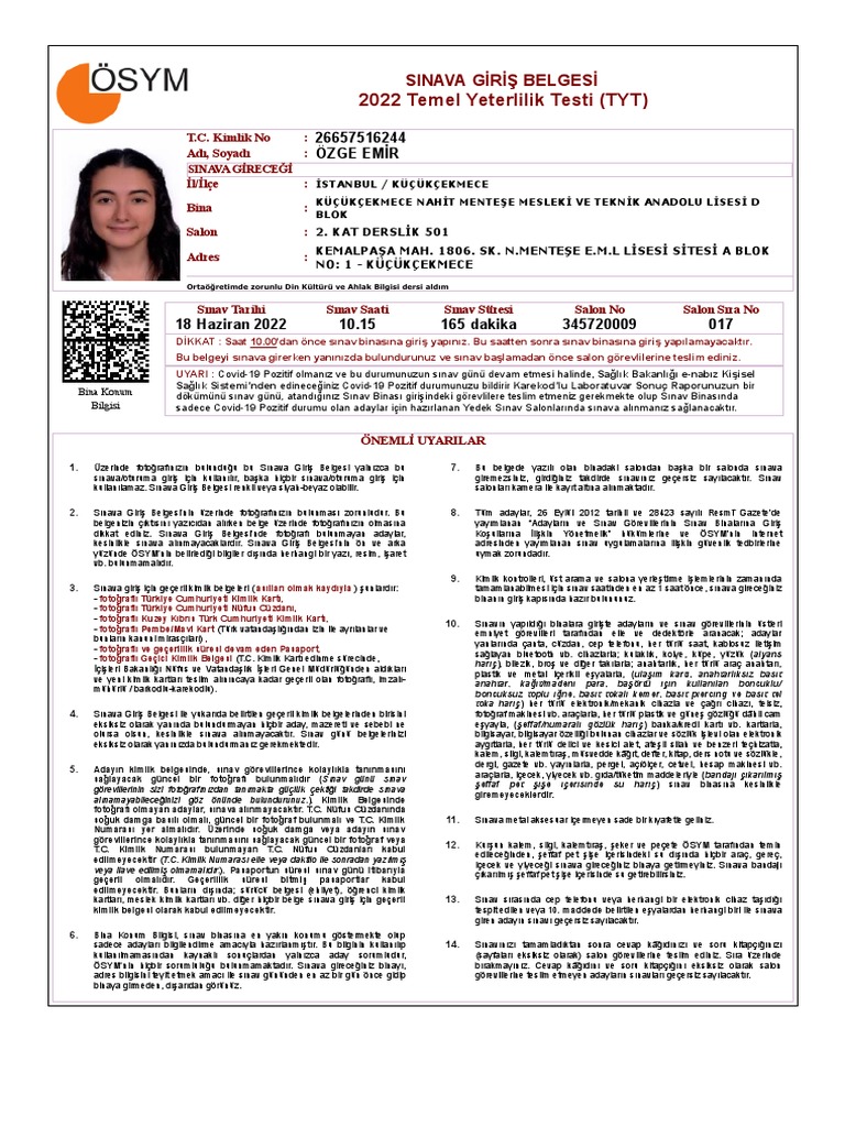 Sınava Giriş Belgesi Tyt | PDF