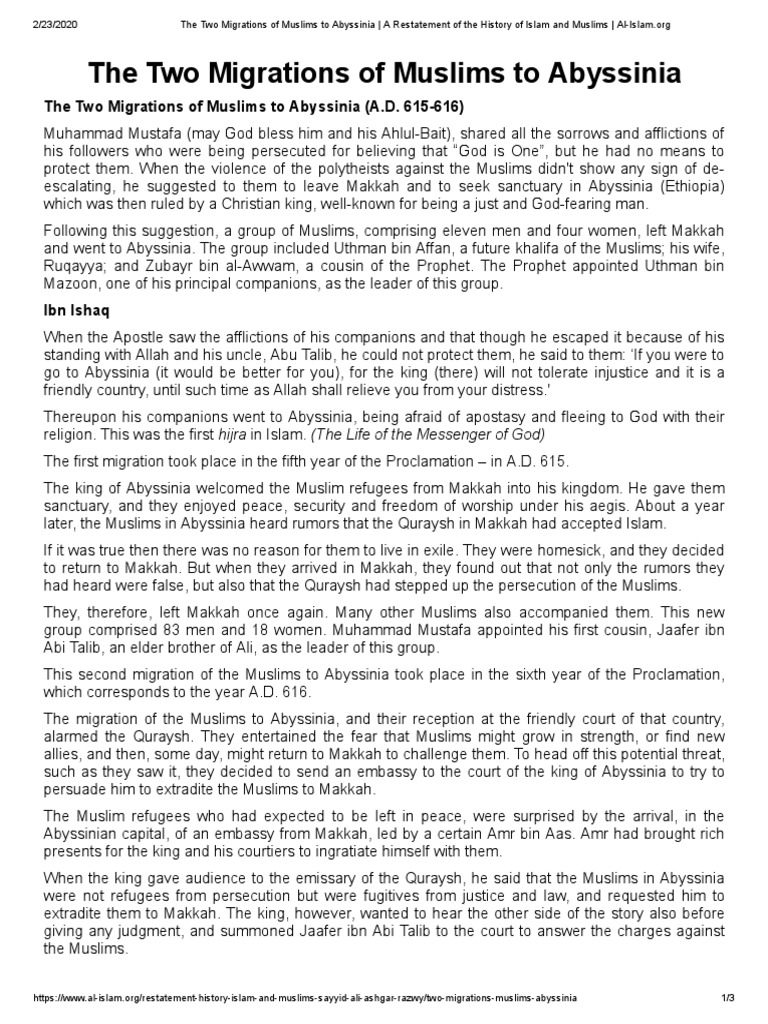 The Two Migrations of Muslims To Abyssinia - A Restatement of The ...