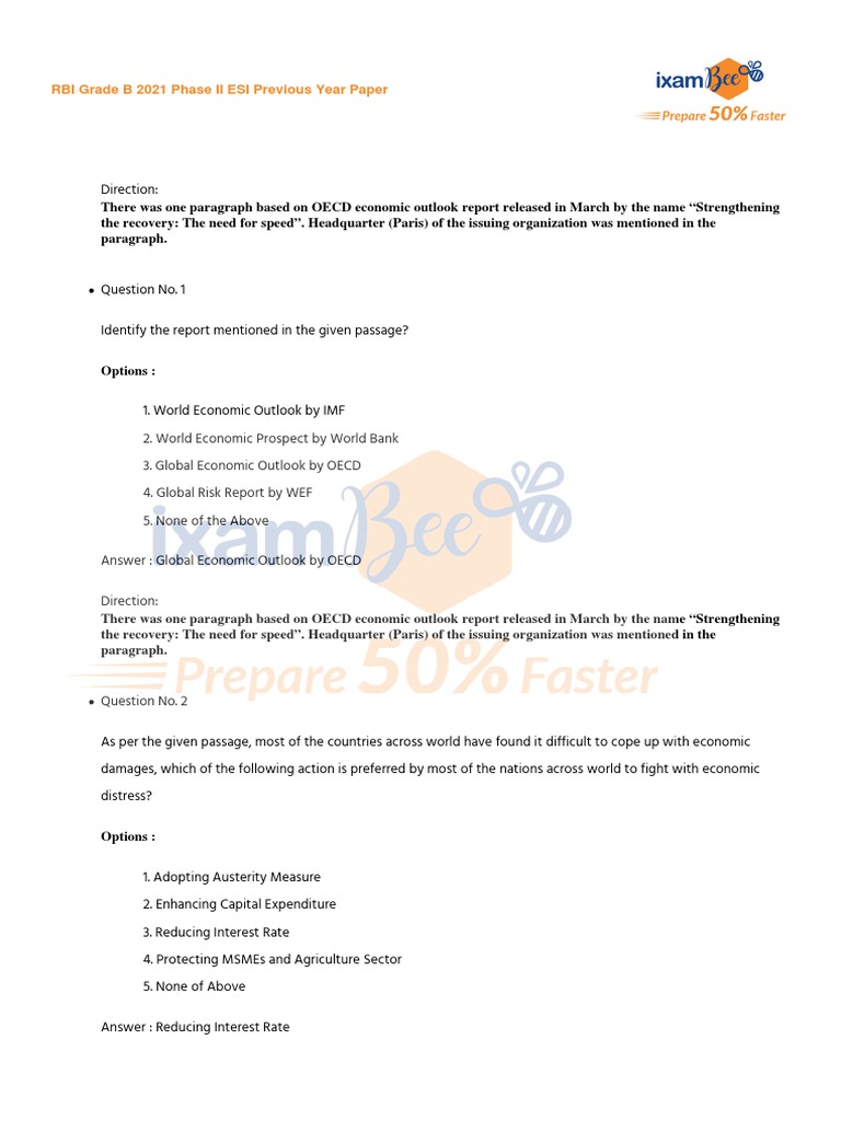 RBI Grade B 2021 Phase II ESI Previous Year Paper | PDF | Reserve Bank ...