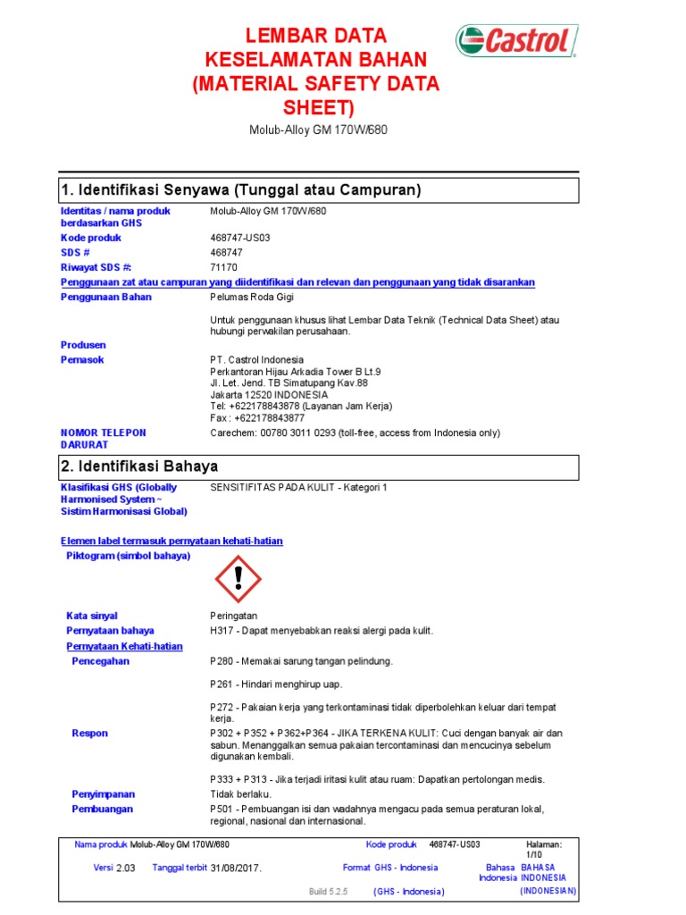 Lembar Data Keselamatan Bahan (Material Safety Data Sheet) : 1. Identifikasi Senyawa (Tunggal ...