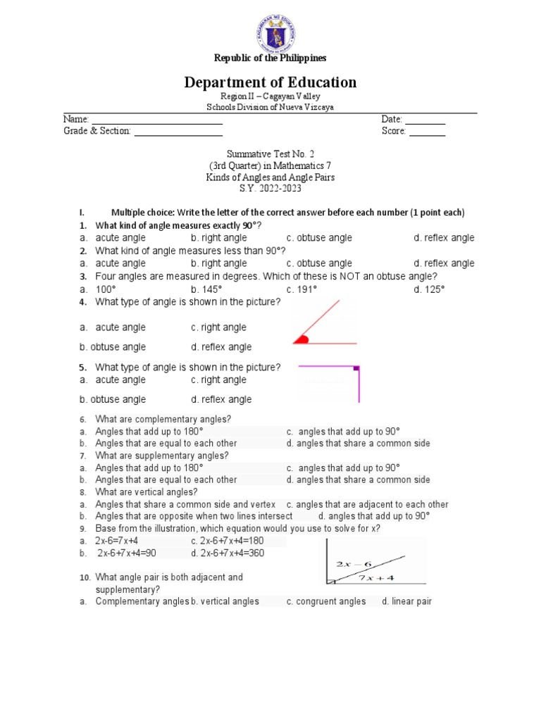 Summative Test on Angles and Angle Pairs for 7th Grade Mathematics ...