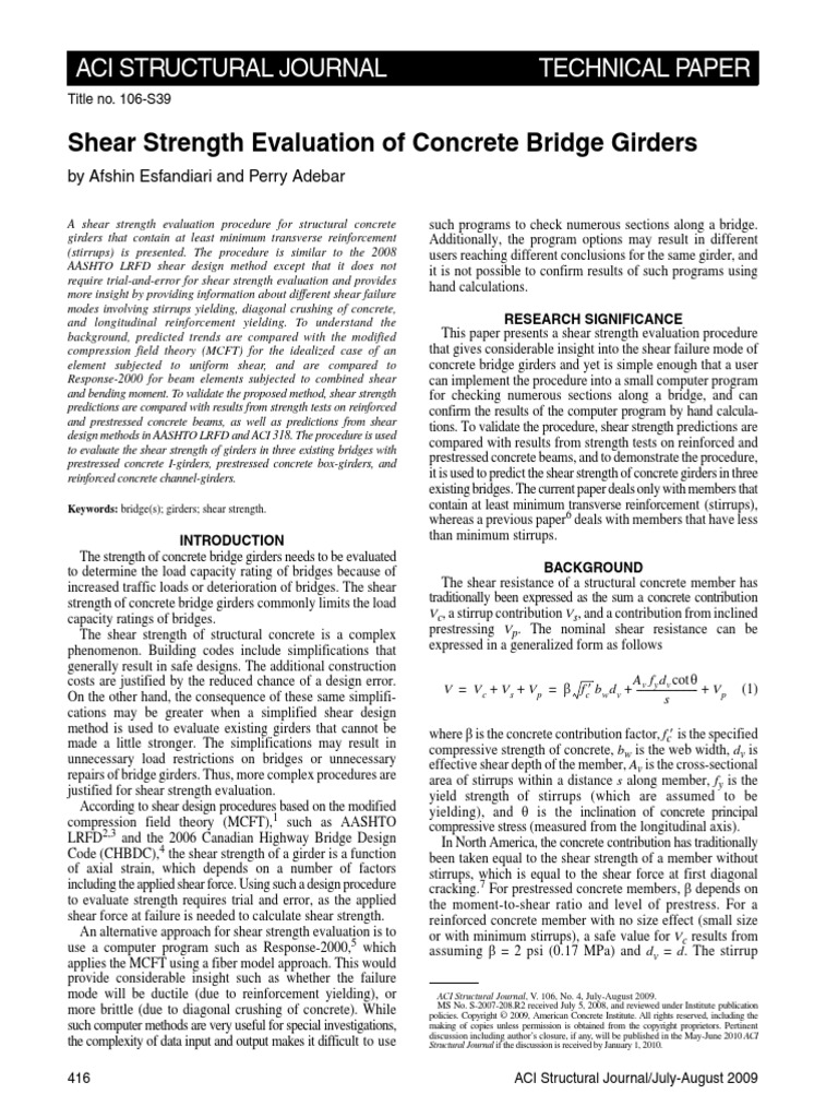 Shear Strength Evaluation of Concrete Bridge Girders: Aci Structural ...