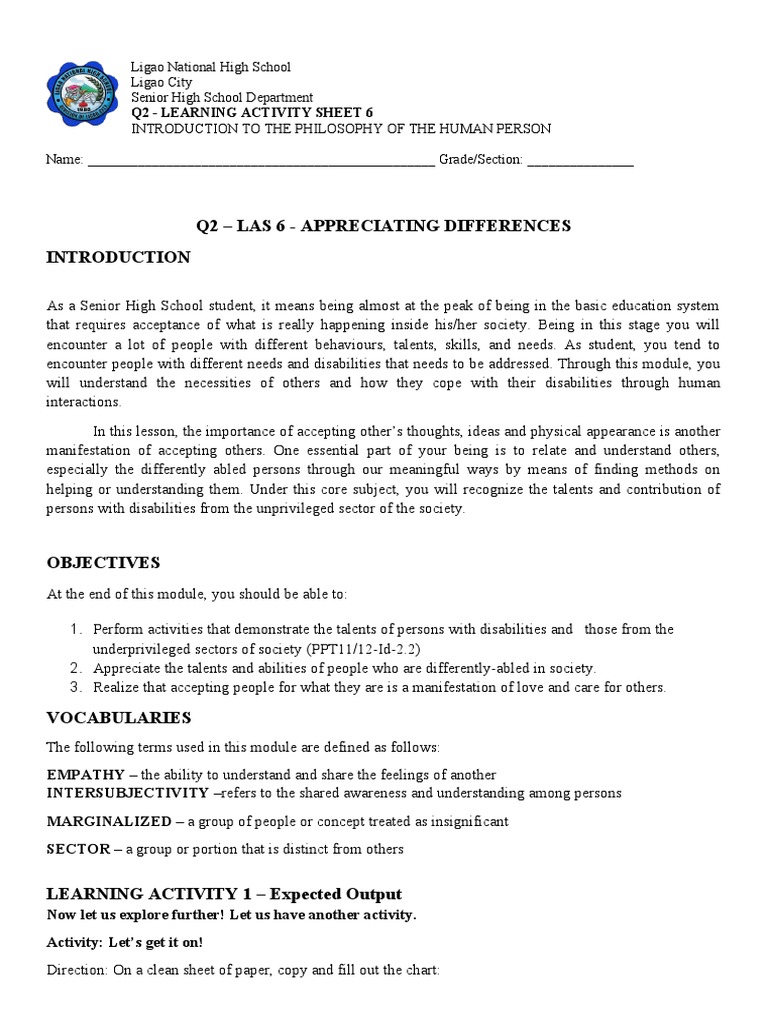 Q2 - Las 6 - Appreciating Differences: Q2 - Learning Activity Sheet 6 ...