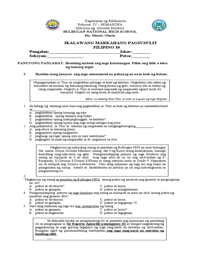 Ikalawang Markahang Pagsusulit-Filipino 10 | PDF