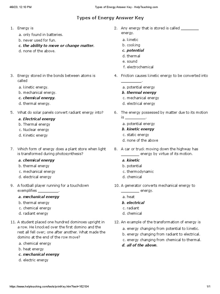 Types of Energy Answer Key | PDF | Chemistry | Heat