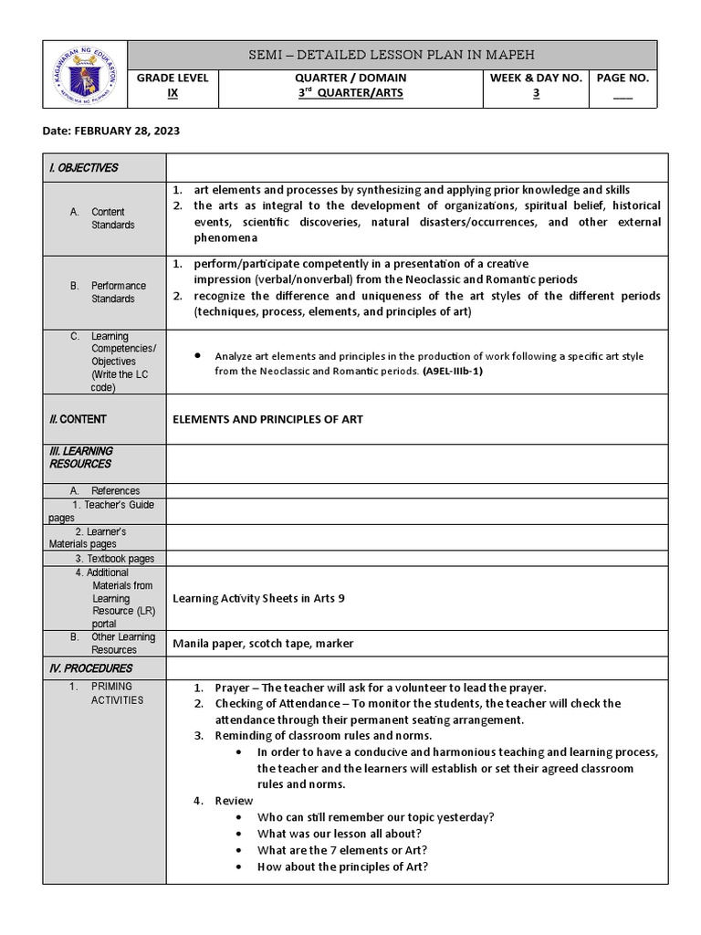 LP 8 Arts Q3 | PDF | Composition (Visual Arts) | Learning