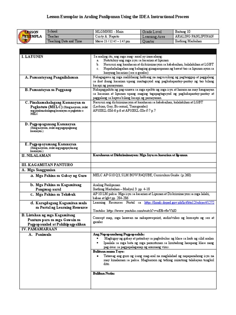 Lesson Exemplar in Araling Panlipunan Using The IDEA Instructional Process | PDF