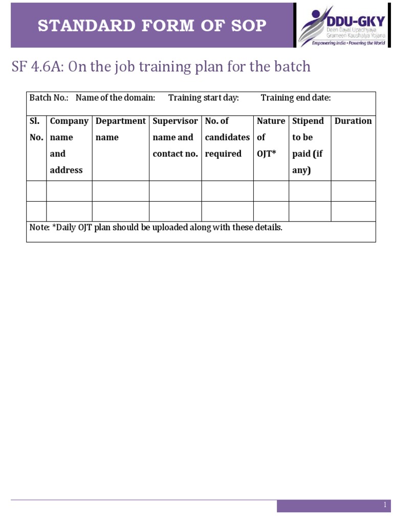 Standard Form of Sop: SF 4.6A: On The Job Training Plan For The Batch | PDF